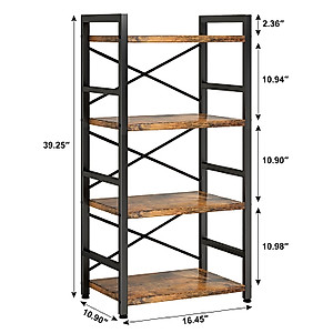 Homeiju Bookshelf, 4 Tier Small Bookcase, Organizers and Storage, Metal Small Bookcase, Rustic Book Shelf Organization and Storage for Living Room, Bedroom, and Home Office(Rustic Brown)