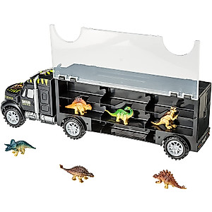 PREXTEX 16" Dinosaur Truck Carrier Playset with 6 Mini Plastic Dinosaurs, Dinosaur Toy Trucks for Toddler Boys 3 to 5 Years Old