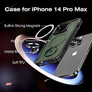 Ruky for iPhone 14 Pro Max Magnetic Case with Built-in Magnets, [360° Rotatable Ring Holder] [Support Car Mount] [Military Drop Protection] Shockproof Case for iPhone 14 Pro Max 6.7", Green