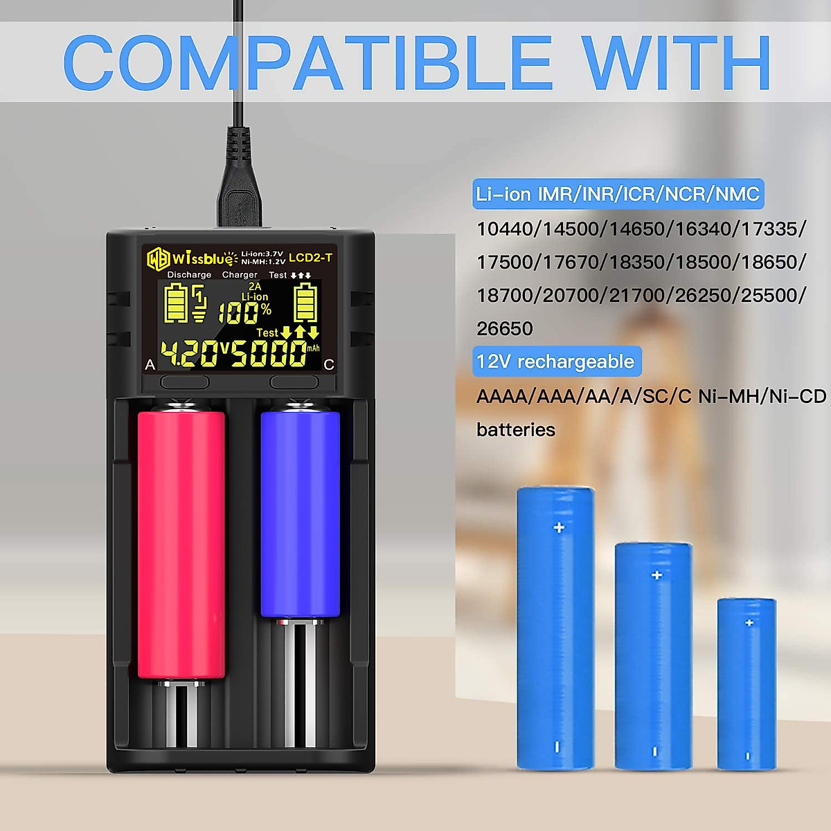 LCD2-T 18650 Battery Charger, LCD Screen Can Display Capacity, with Battery Capacity Tester, 2A Fast Charger Discharg 2bay, for 3.7v Rechargeable Lithium Battery and 1.2v Ni-Mh/Ni-Cd AA AAA Battery