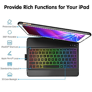 Keyboard Case for iPad 9th Generation,7 Color Backlight iPad Keyboard for 10.2-inch 9th /8th /7th /Air 3/Pro 10.5-inch,360° Rotatable Protective Cover with Apple Pencil Holder(Black)