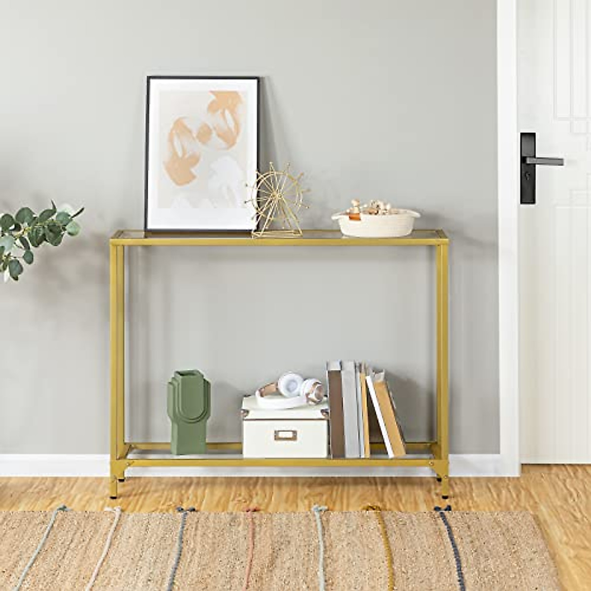 HOOBRO 39.4" Gold Console Table, Tempered Glass Sofa Table, Narrow Entryway Table, Metal Frame, Modern Style, Hallway, Living Room, GD04XG01