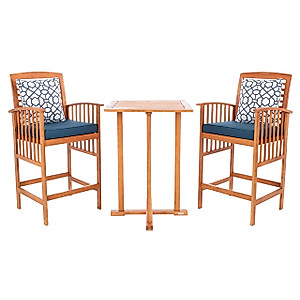 SAFAVIEH Outdoor Collection Pate Natural/ Navy Cushions/ Geometric Pattern Pillows 3-Piece Bar Table Bistro Set