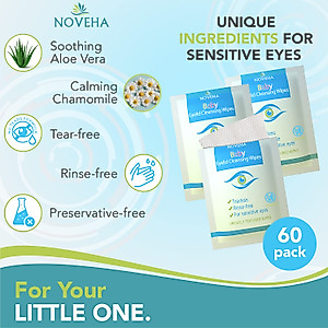 NOVEHA Baby Eyelid & Lash Wipes | Safe & Natural Pack of 60 Pre-moistened Wipes