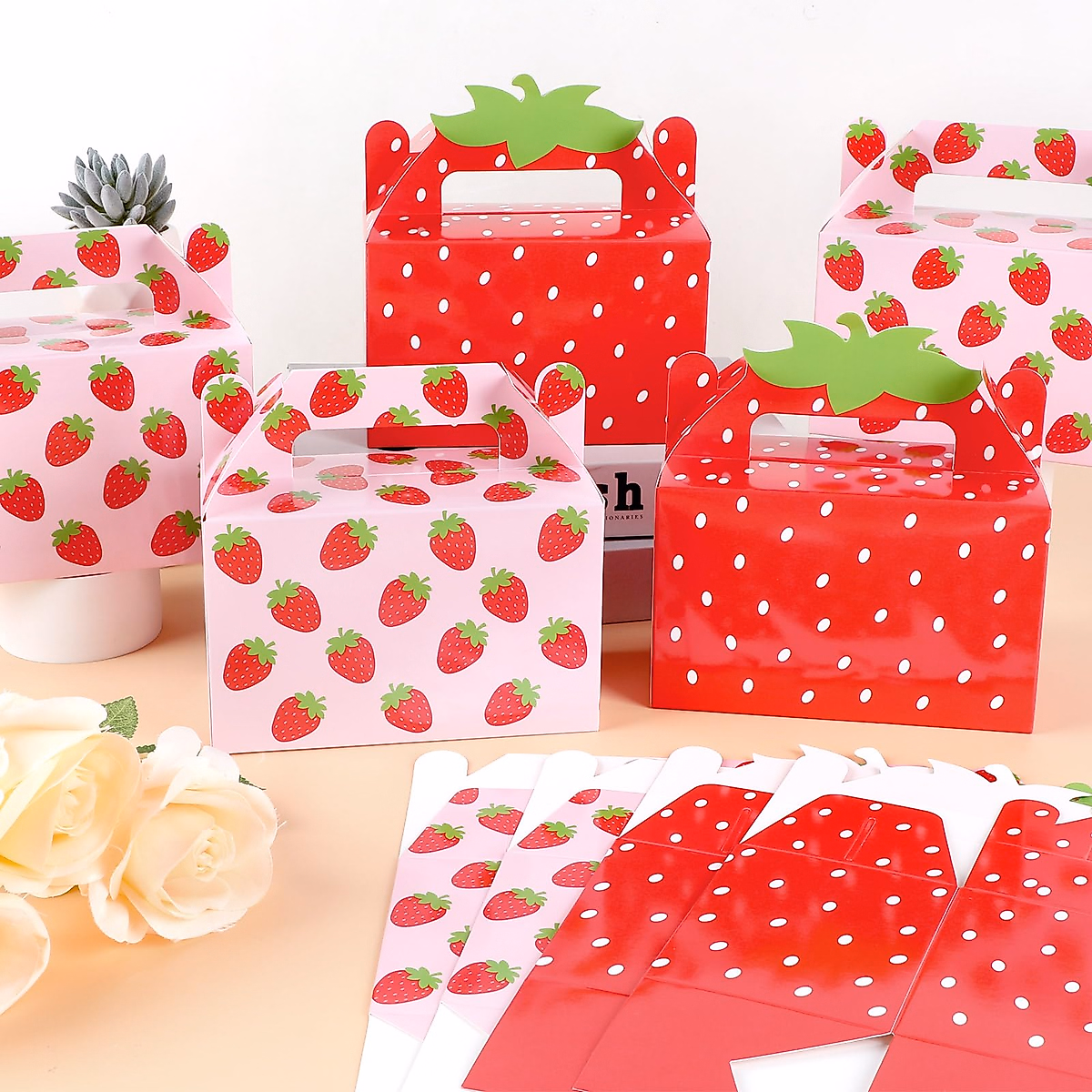 ojustbeok 12Pcs Strawberry Party Favor Box Summer Strawberry Gift Boxes Cute Fruit Goody Boxes Folding Paper Treat Box for Sweet One Strawberry Birthday Baby Shower Decor Supplies 6.3 * 3.2 * 3.9inch