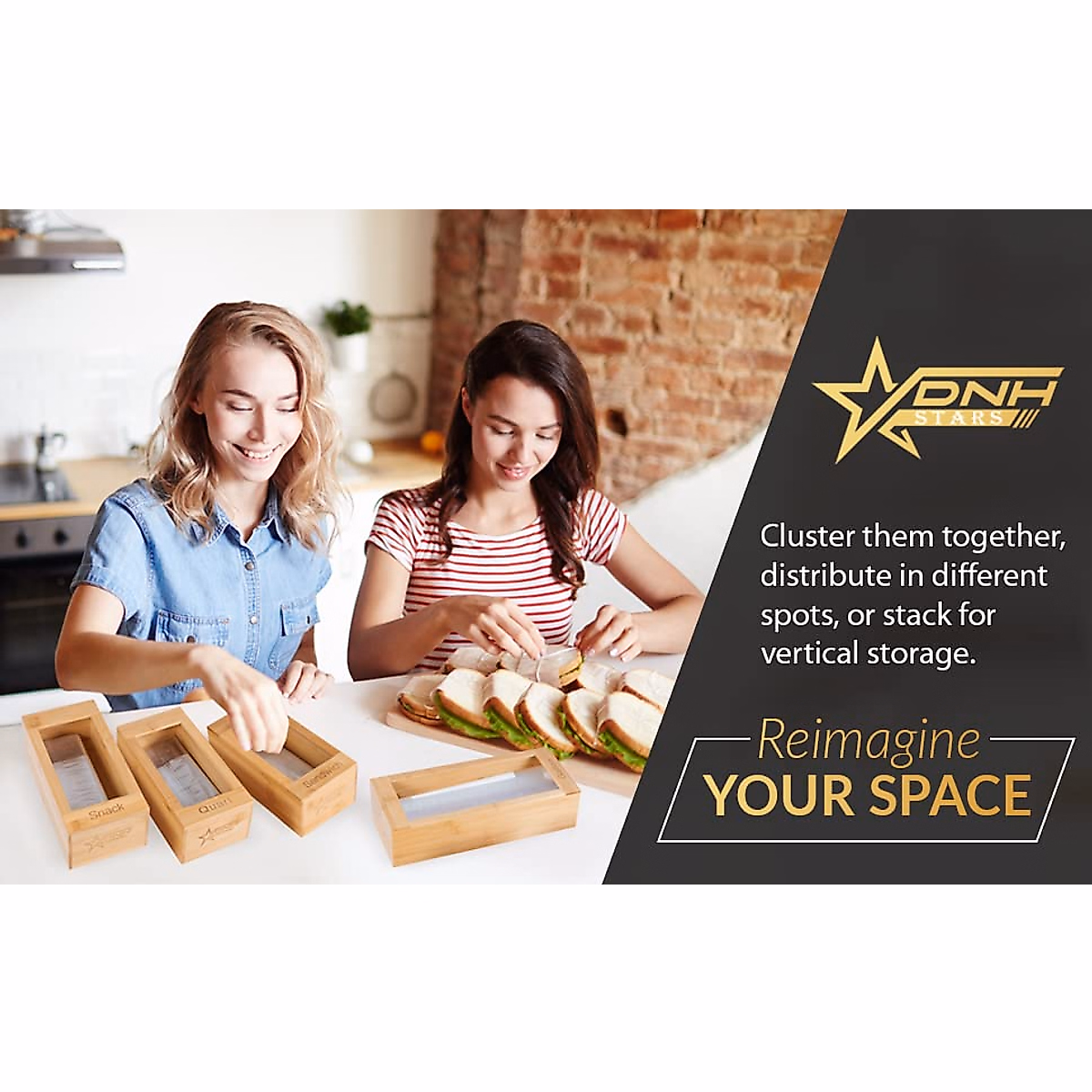 DNH Stars Bamboo Ziplock Bag Storage Organizer - 4 Box Wooden Containers for Snack, Sandwich, Quart & Gallon Size Zip Lock Bags - Fits In Kitchen Drawer, Cabinet - Ready to Use Labels & Bags