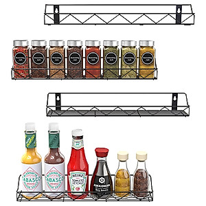 Wall Mounted Spice Racks Organizer, Auledio 4 Pack Seasoning Shelves Organizers for Cabinet, Storage Rack Hanging Shelf Set for Kitchen, Cupboard, Pantry Door, Bathroom, Black