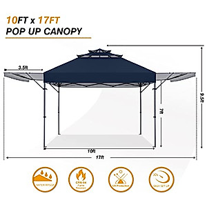 COOSHADE 10x17 Instant Canopy Tent 3-Tier Pop Up Canopy with Ventilation and Adjustable Dual Half Awnings(Navy Blue)