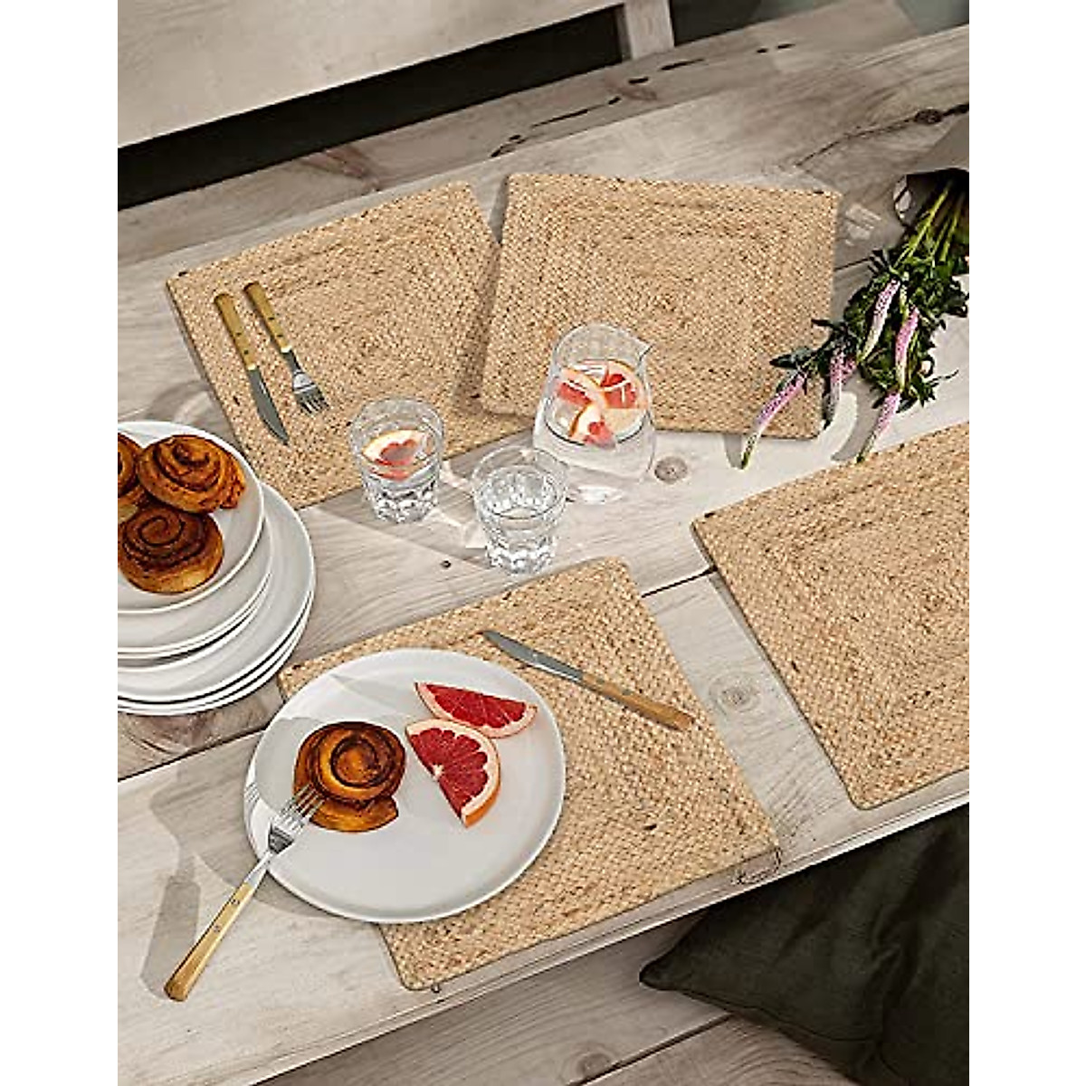 Jaipur Special Home Jute Braided Square Placemats 14x14 Inches - Natural Reversible Mats for Dining Table Woven Placemats Farmhouse Placemats (Set of 8)
