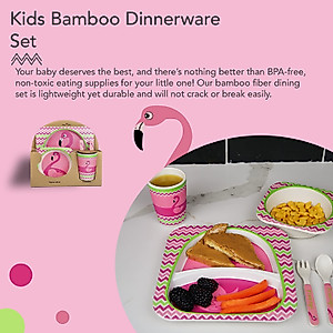 Thoneed Bamboo Kids Plate and Bowl Set | Matching Dishes for Toddlers Ages 1+ | 5 Piece Divided Dinnerware Set Includes Plate, Bowl, Cup & Utensils | Reusable, BPA Free & Dishwasher Safe (Cow)