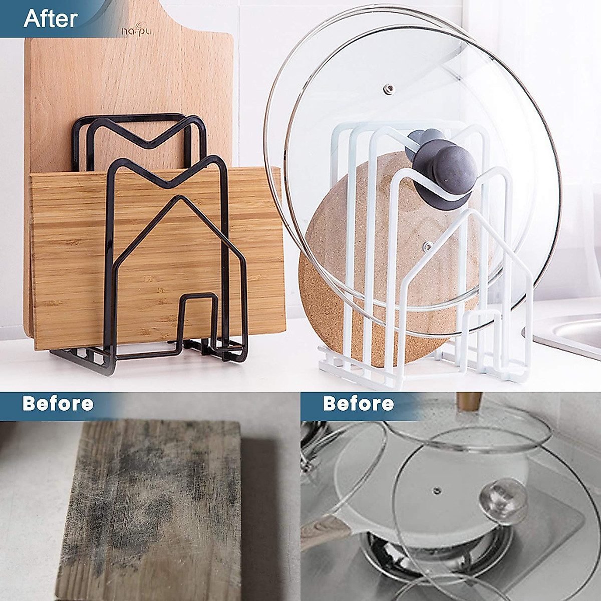 Kitchen Bakeware Pot Lid Rack Holder, 4 Slots Multifunctional Kitchen Organizer Metal Storage Shelf for Cookware, Chopping Cutting Board, Counter Cabinet, Plates, Dishes