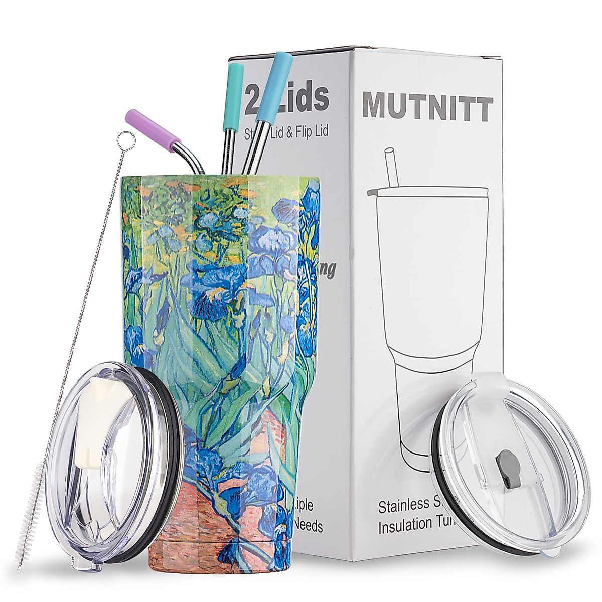 30 oz Tumbler with Lids and Straws,18/8 Stainless Steel Vacuum Insulated Travel Tumbler,Insulated Coffee Mug Water Cup with Leak-Proof Straw Lid & Flip Lid,3 Metal Straws,1 Cleaning Brush(Blue Green)