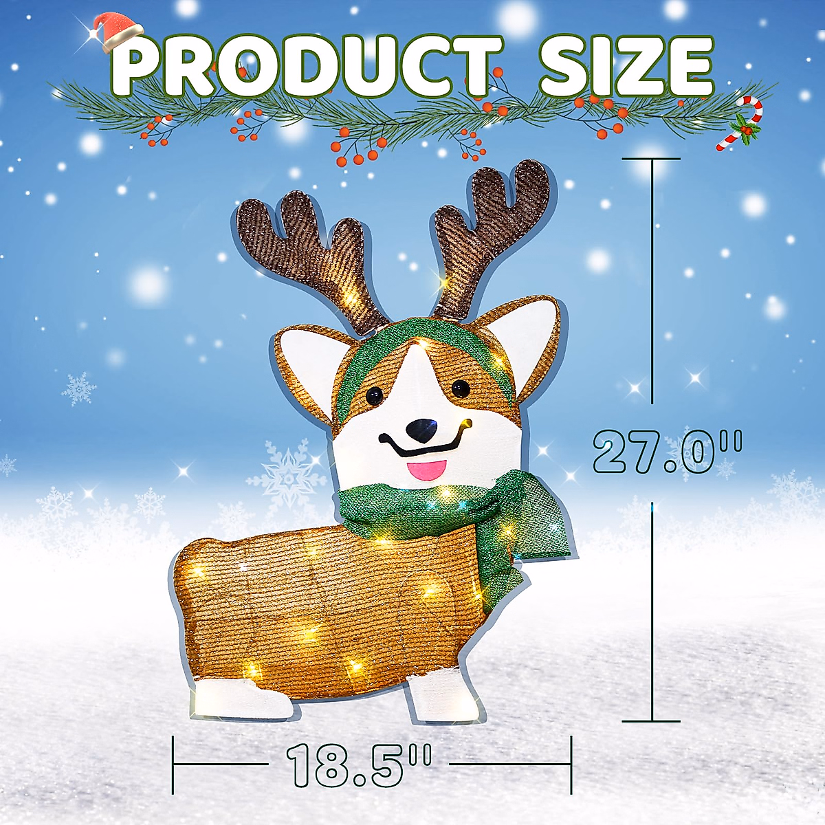 DROFELY 27”Christmas Corgi Lighted up Decoration for Indoor Display with LED Lights, Lighted 2D Christmas Dog with 20 Warm White Lights Decorative Christmas Tree,Home Xmas Holiday Addition AZ23GF-10