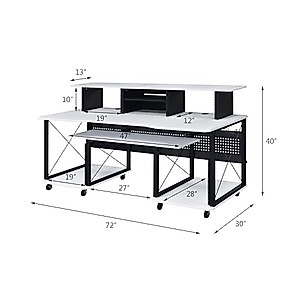 Acme Furniture Megara 72" x 30" Rectangular Metal Storage Music Desk, Included Wheels, Multiple Functional & Storage Spaces, in White and Black Finish