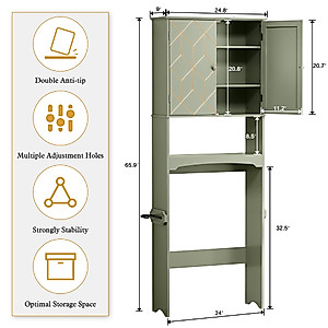 AZODY Over The Toilet Storage Cabinet with Gold Trim, Modern Bathroom Organizer Over Toilet with Adjustable Shelves and Toilet Paper Holder for Bathroom (Green)