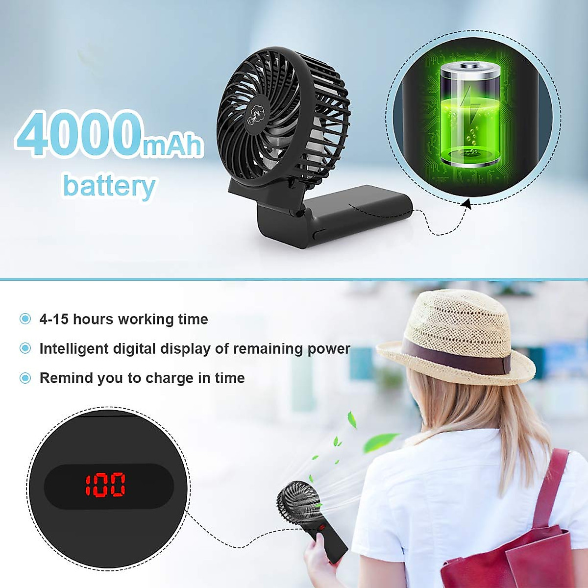 Mini Handheld Fan,Portable Foldable USB Fans with Smart Led Digital Display,Quiet Small Desk Fan with 4 Speed,Personal Rechargeable 4000mAh Battery Operated Fan for Office Outdoor Sport Home Traveling