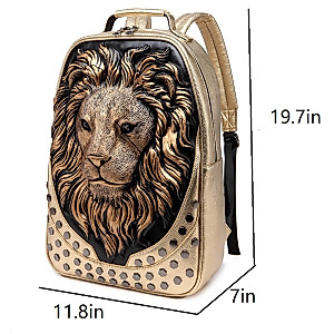 GUQIMEI Mens 3D Lion PU Emboss Rivet Punk Backpack Rock Personality Laptop Bag Creative Travel Leisure, Gold, One Size