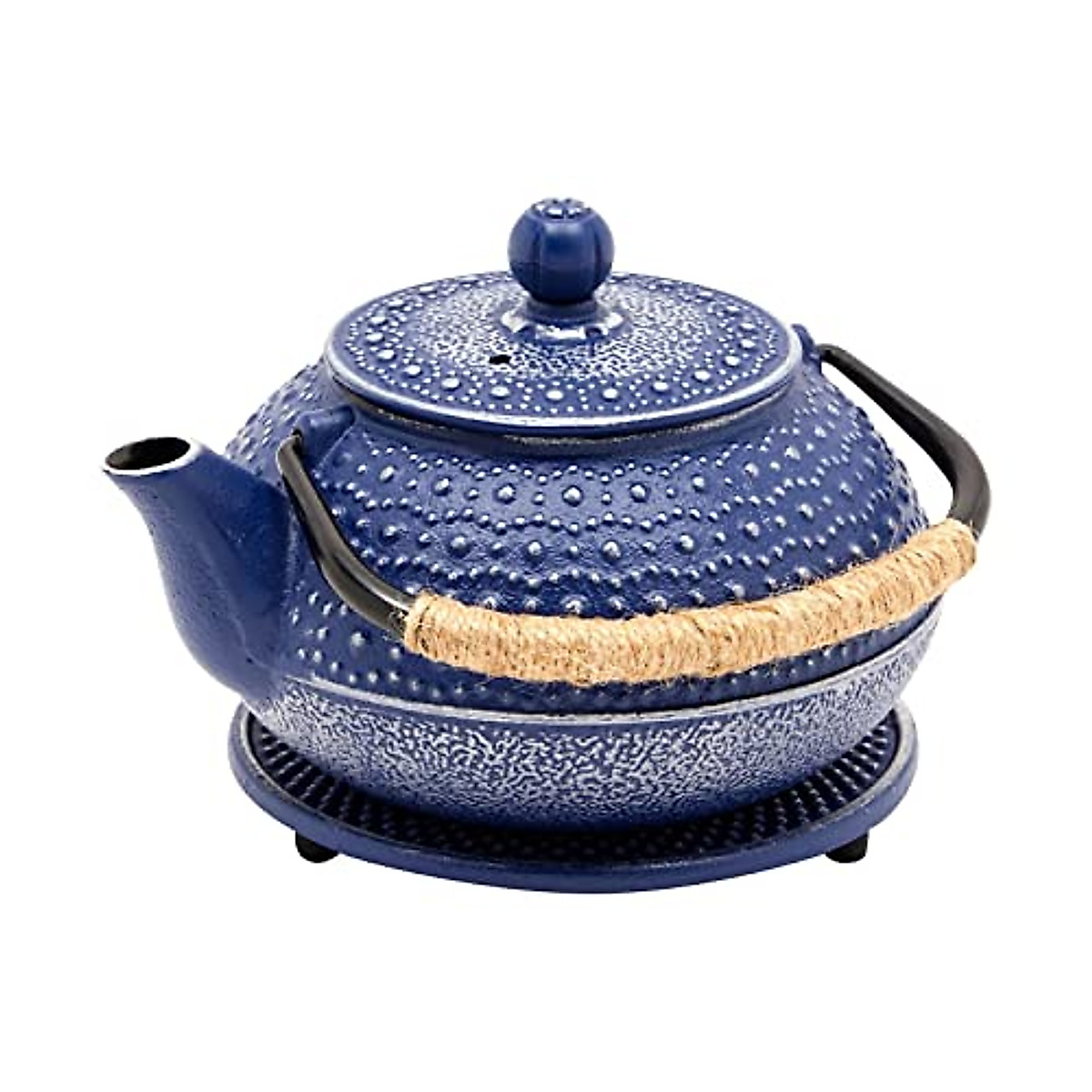 3 Piece Set Blue Japanese Cast Iron Teapot, Loose Leaf Tetsubin with Handle, Stainless Steel Infuser, and Trivet (27 oz, 800 ml)