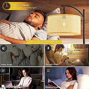 QIYIZM Floor Lamp with Remote Arc Boho Rattan Standing Lamp,Farmhouse Dimmable Industrial Black Wicker Floor Light Rustic Adjustable Tall Lamp,Bamboo Lamp Shade Floor Lamps for Living Room Bedroom