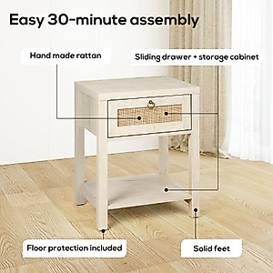 VOWNER 2 PCS White Rattan Nightstand Set of 2, Wood Night Stand with Vintage Metal Pull Handle, Bedside Table Boho End Tables Side Tables with Storage Shelf, for Bedroom