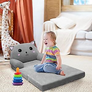 Toddler Chair Kids Sofa - Toddler Sofa Kids Couch Fold Out, 2 in 1 Flip Out Couch and Mini Sofa for Girls and Boys, Baby Couch for 1-4 Year Olds - Cute and Comfy Baby Sofa (Gray Cat)