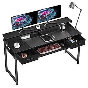 ODK Computer Desk Study Table, 55 Inch Office Desk with Drawers and Keyboard Tray, Study Desk Work Desk with Monitor Shelf, Writing Desk with Storage for Home Office, Black