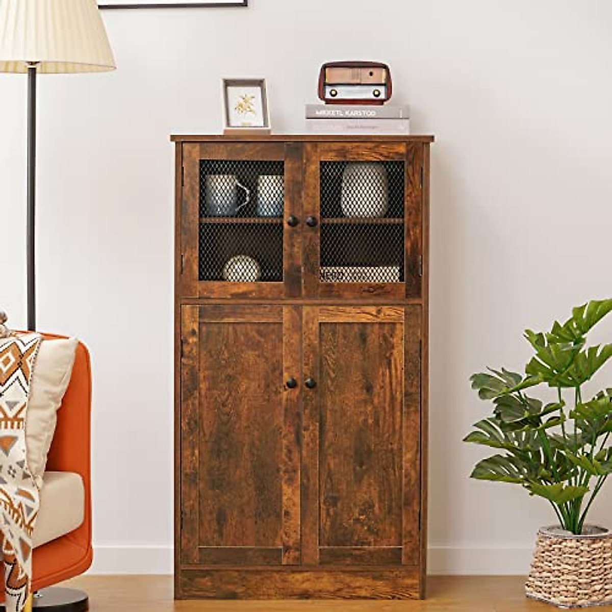 usikey Large Storage Cabinet with 4 Doors, Retro Floor Cabinet with Adjustable Shelf, 42.9”H x 23.6”L x 11.8”W, Multifunctional Cupboard, Sideboard for Bedroom, Living Room, Rustic Brown