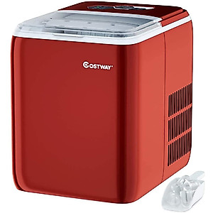 Ice Maker Countertop, Automatic Electric Ice Maker Machine w/Self-Cleaning Function, Portable Ice Machine with Ice Scoop and Basket (Red)