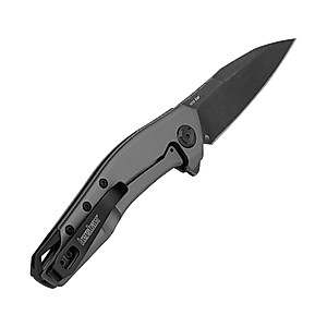 Kershaw Sanctum Pocket Knife, Curved Grey PVD Stainless Steel Handle, 3 inch 8Cr13Mov Blackwash Blade, Pocketclip