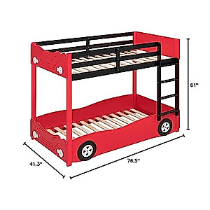 OYN Twin Over Twin Car-Shaped Bunk Bed Frame with Wheels for Children Teens Boys and Girls, Red