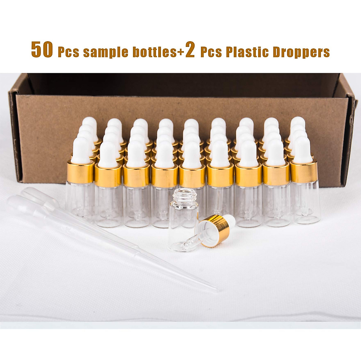 Easeen 50 Pcs Sample Dropper Bottles, 3ml Clear Mini Dropper Bottles with 2 Pcs Plastic Droppers for Traveling Essential Oils DIY Cosmetic Liquid Sample Perfume