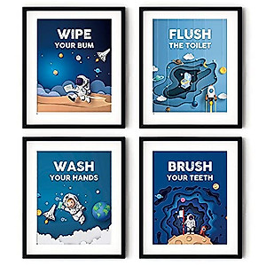 FALJIOK Funny Bathroom Outer Space Planet Wall Art Prints Decor, Bathroom Sign Brush Wash Brush, Bathroom Gift for Kids Son Brother Grandson Set of 4 (8”X10”) Unframed
