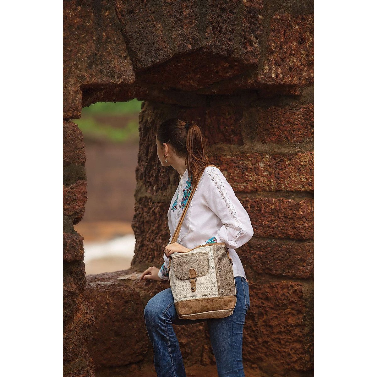 Myra Bag Tribal Stripe Front Pocket Upcycled Canvas & Cowhide Leather Shoulder Bag S-1232, Brown, One Size