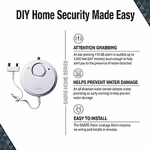 SABRE Water Leakage Alarm, 110 dB Alarm, Audible Up To 1,500-Feet (457-Meters), All Direction Water Sensor, High and Low Volume Settings, Battery Test Button