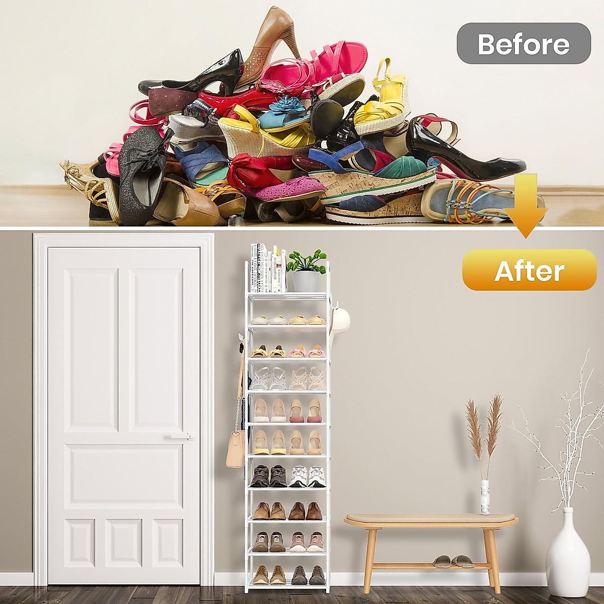 ROJASOP 10 Tiers Metal Shoe Rack Organizer Tall Shoe Racks for Closets Entryway Corner Shoe Rack Shoe and Boots Organizer Storage Narrow Shoe Rack for Closet Entryway Sturdy Shoe Shelf Shoe Stand