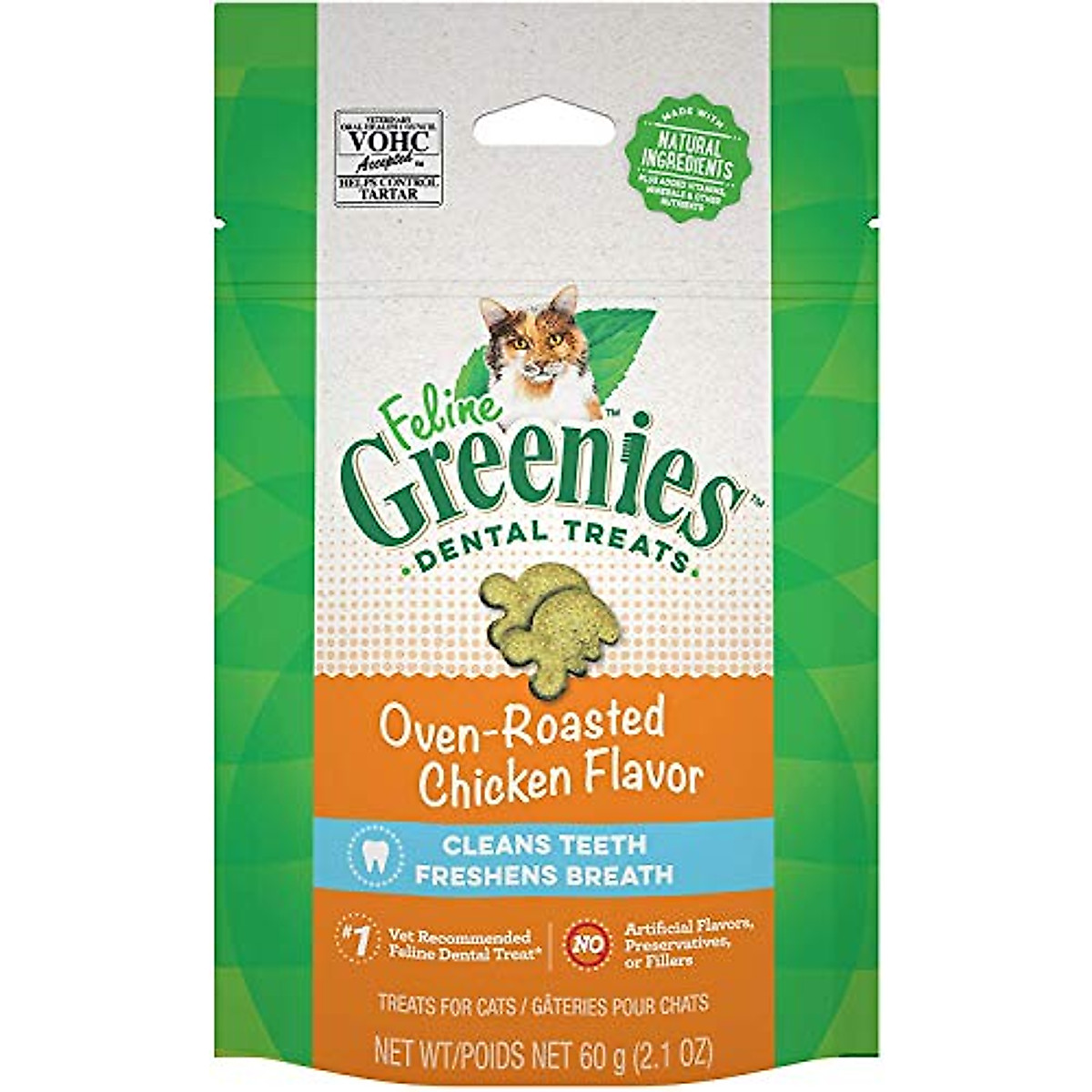 Greenies (4 Pack) Feline Dental Cat Treat Variety Bundle 4 Flavors - 2.1oz Each Bag, (1) Tempting Tuna, (1) Savory Salmon, (1) Oven Roasted Chicken, and (1) Catnip Flavor 10ct Pet Wipes