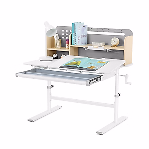COSVALVE 39in Wide Adjustable Height Kids Desk with Tilting Desktop, Steel Frame, Drawer, and Bookshelf Hutch, Study Child Table for Ages 3-12, Grey
