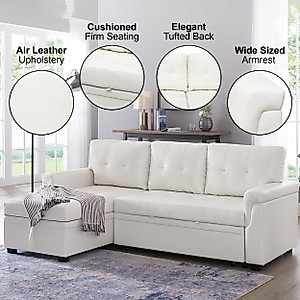 Naomi Home Transform Any Space: Sleeper Sectional Sofa with Convertible Sofa Bed & Inviting Chaise. Find Tranquil Comfort with Stress-Relieving Design & Durable Cushions - White/Air Leather
