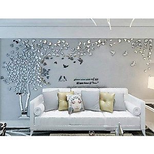3D Tree Wall Stickers - DIY Tree and Birds Wall Decals Family Couple Tree Stickers Murals Wall Decor for Living Room Bedroom TV Background Home Decorations(Silver Left,M-98X51in)