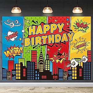 5x3ft Superhero Theme Backdrop for Children Boys Super Heros Comic Skyline Happy Birthday Party Supplies Decoration Baby Shower Backdrop Hero City Banner Decor Photography Backdrop