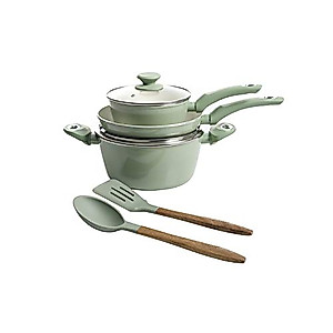 Gibson Home Plaze Café' Forged Aluminum Non-stick Ceramic Cookware with Induction Base and Soft Touch Bakelite Handle, 7-Piece Set, Mint Green