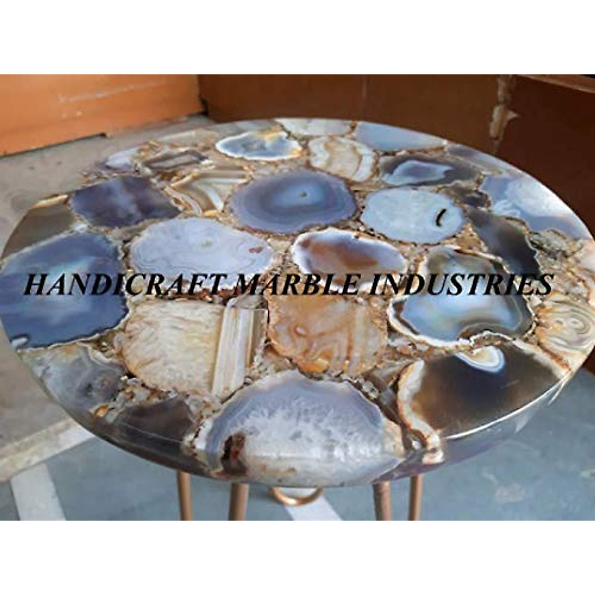 Natural Agate Table, Agate Table With Metal Stand, Round Agate Stone Table, Centerpiece, Agate Side Table 12" Inch