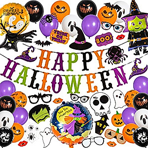 Whaline 60Pcs Halloween Balloons Party Decorations Set Happy Halloween Banner Latex Balloons with Ribbons Witch Ghost Tree Ball Halloween Party Foil Balloons Photo Props for Halloween Decor Supplies