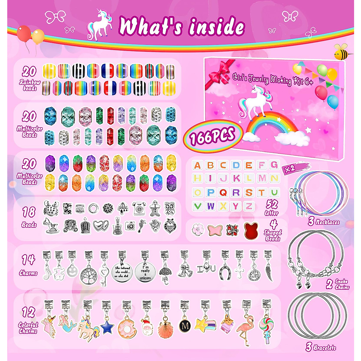 Girls Charm Bracelet Making Kit - 166 Pcs Unicorn Charms Bracelets Kits Kids Jewelry Supplies Make Set DIY Art Craft Set Creative Toys Birthday Gifts for Age 5 6 7 8 9 10 11 12 Year Old Girl Children