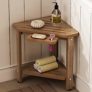 YIGII Corner Shower Stool for Inside Shower - Waterproof Plastic Corner Bench with Adjustable Feet, Non-Slip Bathroom Bench Seat with Storage Shelf for Shaving Legs (Teak Color)