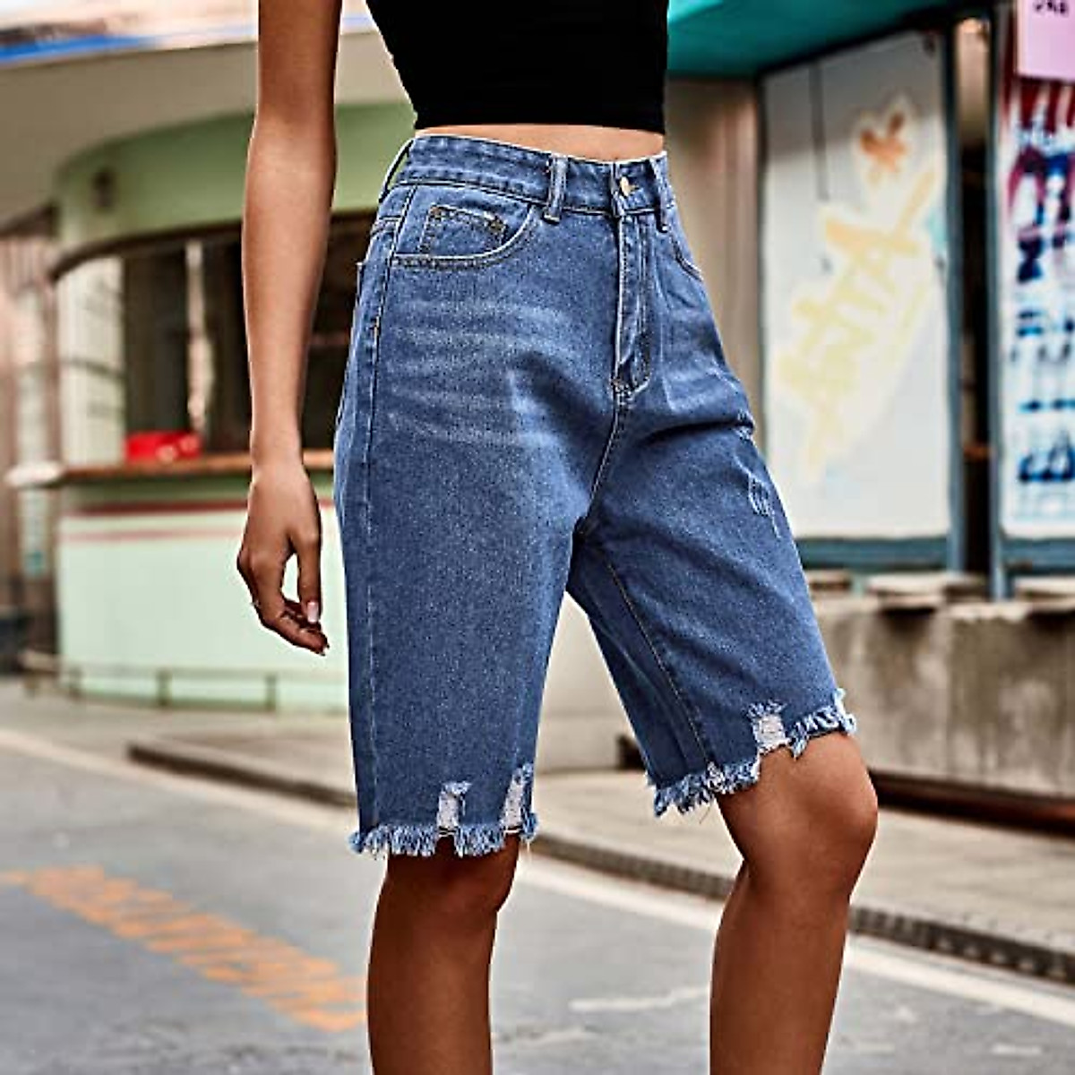 MINzYI Women's Mid Rise Denim Shorts Summer Casual Ripped Jean Shorts Cut Hem Distressed Stretchy Vacation Beach Shorts