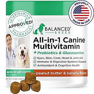 Balanced Breed All-in-1 Dog Vitamins Supplements Made in USA Non-GMO Vet-Pharmacist Approved Dog Multivitamin Probiotics Glucosamine Salmon Oil Skin Coat Supplement Dogs Senior & Adult Immune Support