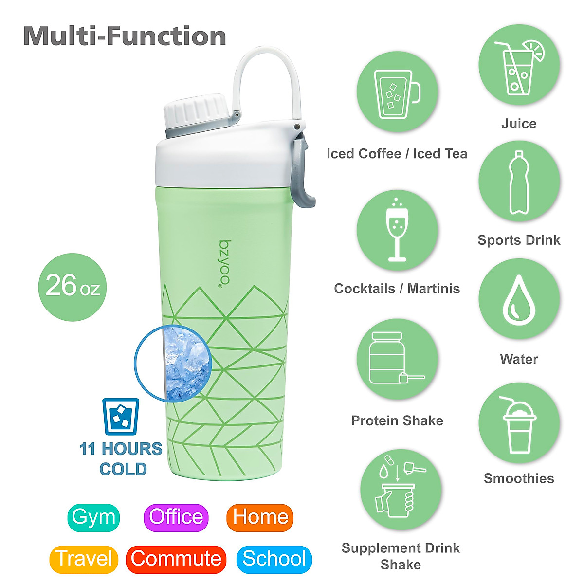 bzyoo 26oz Double-Walled Stainless Steel Insulated Tumbler with Straw Leak Proof Ideal for Smoothies, Ice Tea or Coffee Includes Mixer Ball BPA Free - Spidy Green