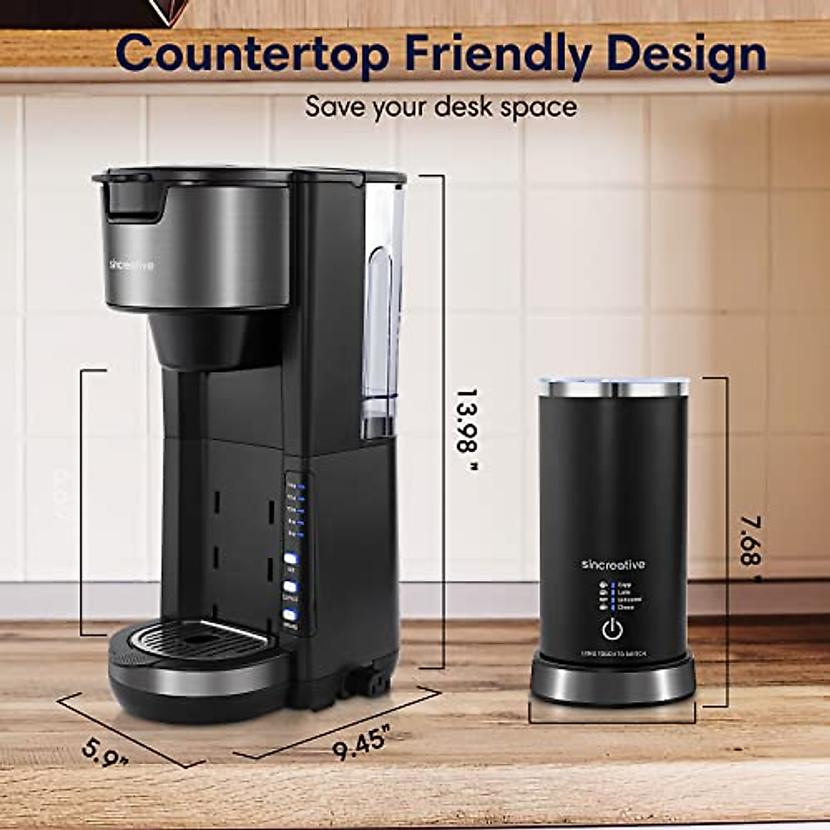 Single Serve Coffee Maker with Milk Frother, 2-In-1 Cappuccino Coffee Machine for K Cup Pod and Ground Coffee, Single Cup Brewer Compact Latte Maker with 30 oz Detachable Reservoir, Black
