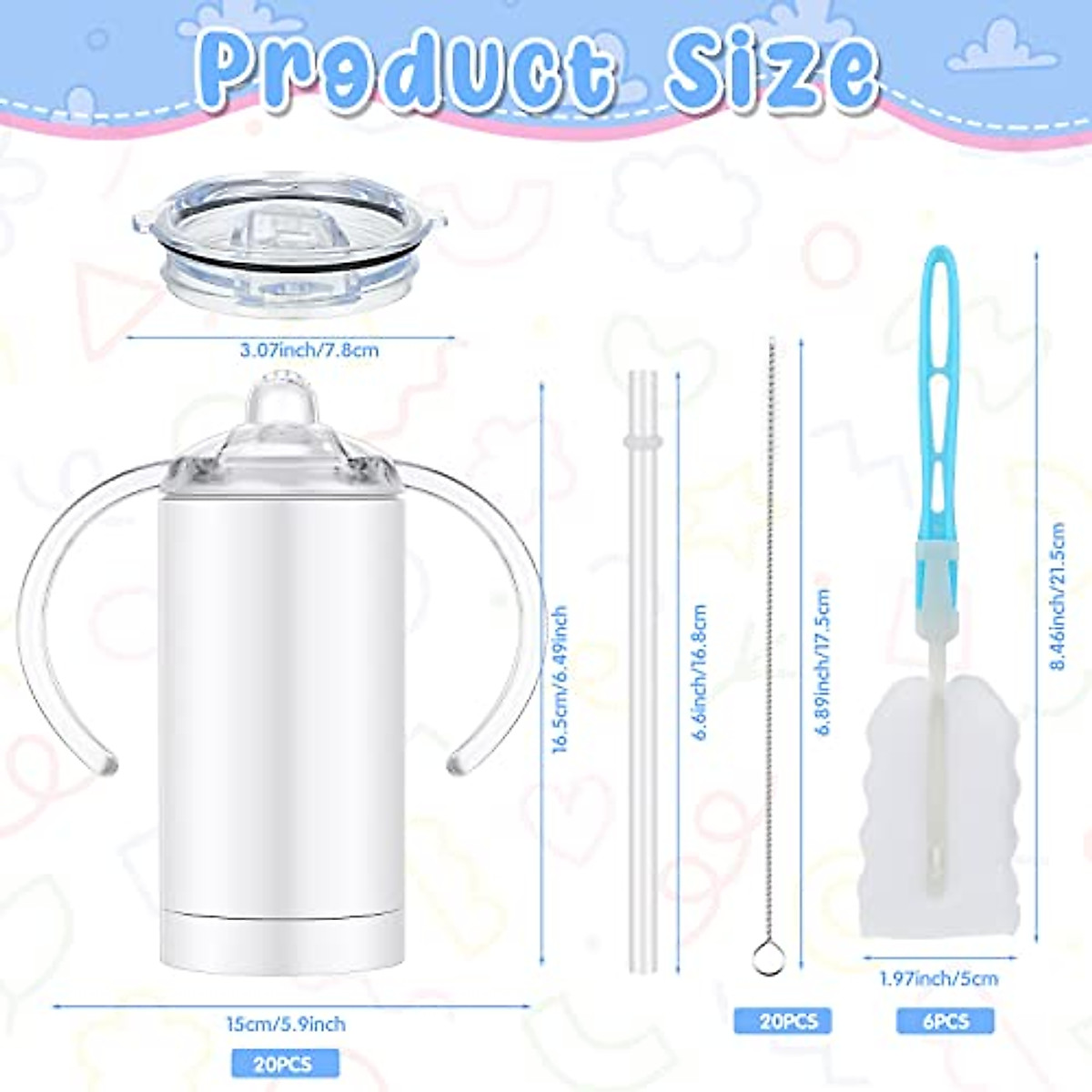 Geetery 20 Pack Sublimation Blanks Sippy Cups Bulk 12 oz White Sublimation Straight Sippy Tumblers with Handle and Lid kids Insulated Stainless Steel Water Bottle Straw Cups for Kids